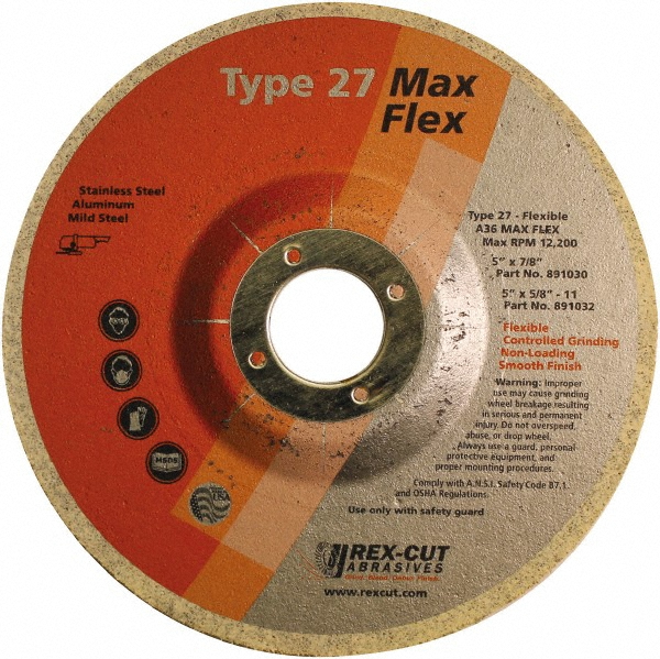 Rex Cut Abrasives - Depressed-Center Wheel: Type 27, 5" Dia, 7/8" Hole ...