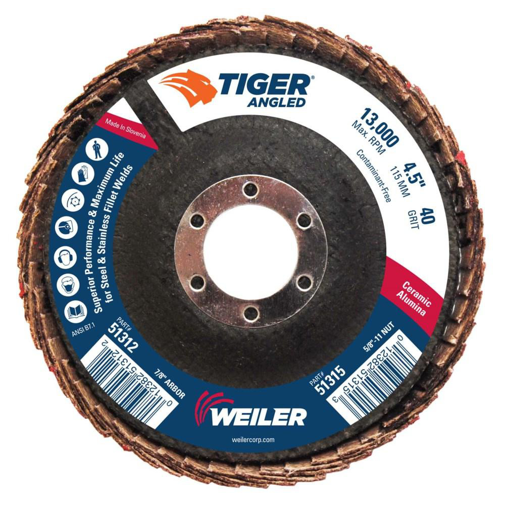 Weiler - Flap Disc: 4-1/2" Dia, 7/8" Hole, 40 Grit, Ceramic Alumina ...
