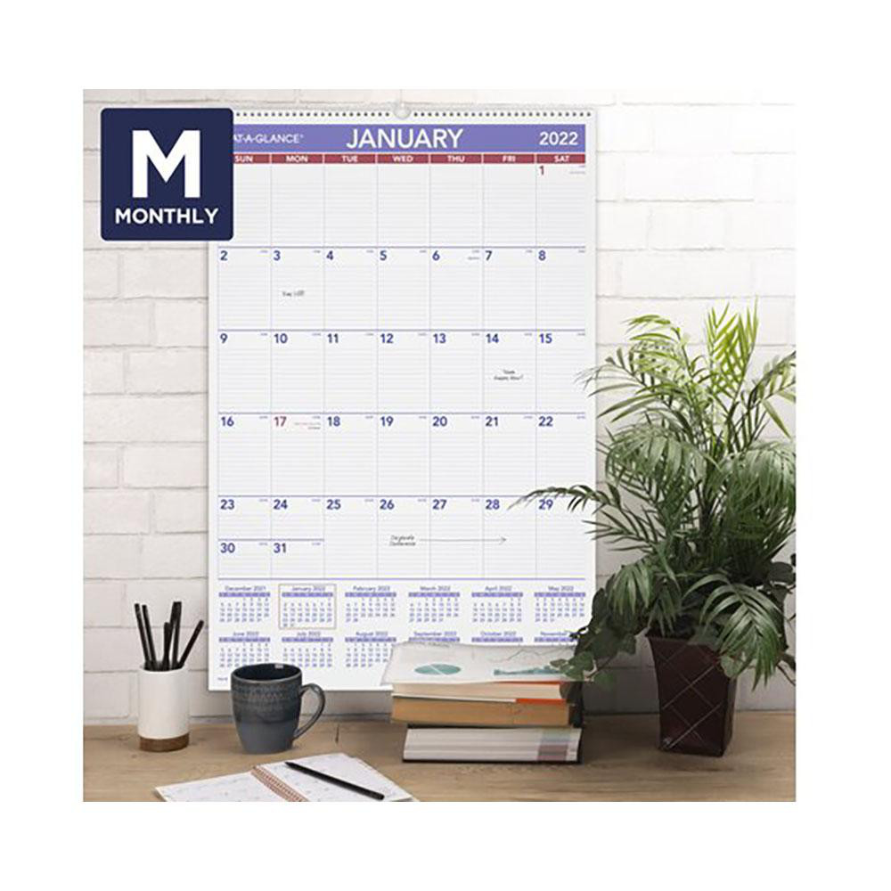 AT-A-GLANCE - Wall Calendar: 12 Sheets, Ruled Blocks, Blue & Red Paper ...
