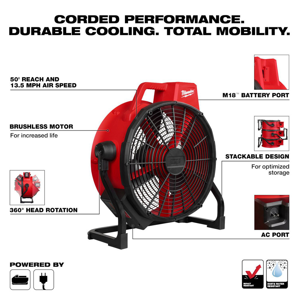 Milwaukee Tool - Cordless Jobsite Fans: Fan Diameter: 18; Air Flow ...