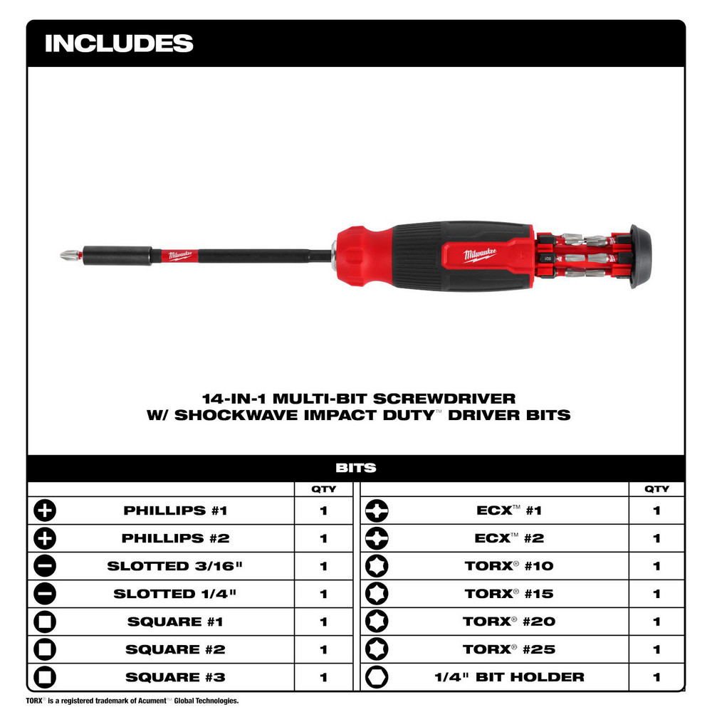 Milwaukee Tool - Bit Screwdrivers: Type: Combination; Tip Type: Slotted ...