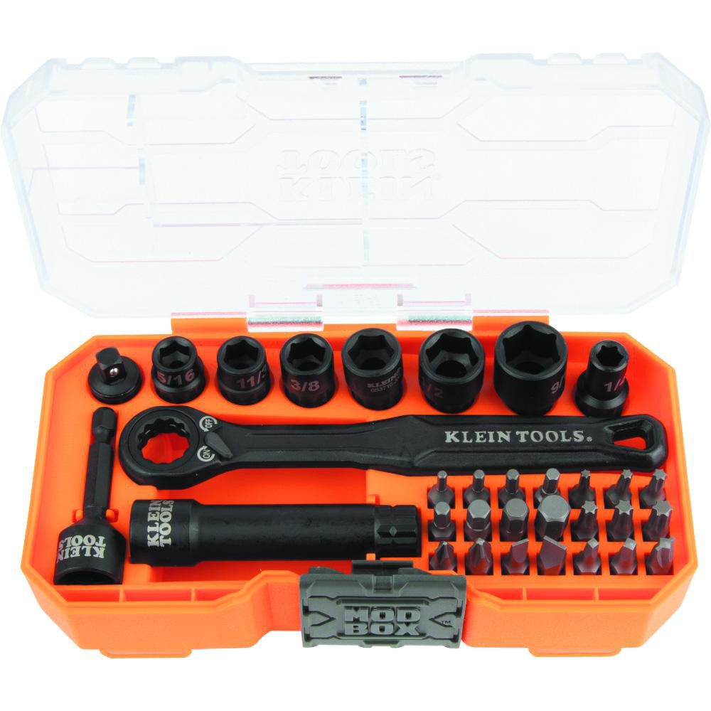 Klein Tools - Socket Set: Impact, Pass Through & Socket Set, 32 Pc, 1/4 in" Drive, 1/4" Min, 9/ ...