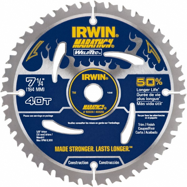 Irwin Blades - 7-1/4" Diam, 5/8" Arbor Hole Diam, 40 Tooth Wet & Dry ...