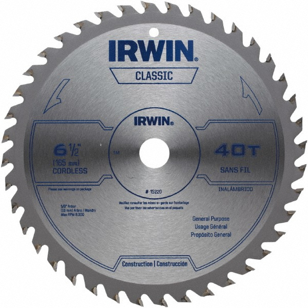 Irwin Blades - 6-1/2" Diam, 5/8" Arbor Hole Diam, 40 Tooth Wet & Dry ...
