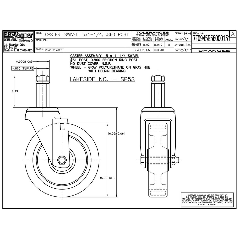 E.R. Wagner - 5" Diam x 1-1/4" Wide x 6-1/16" OAH Stem Mount Swivel ...