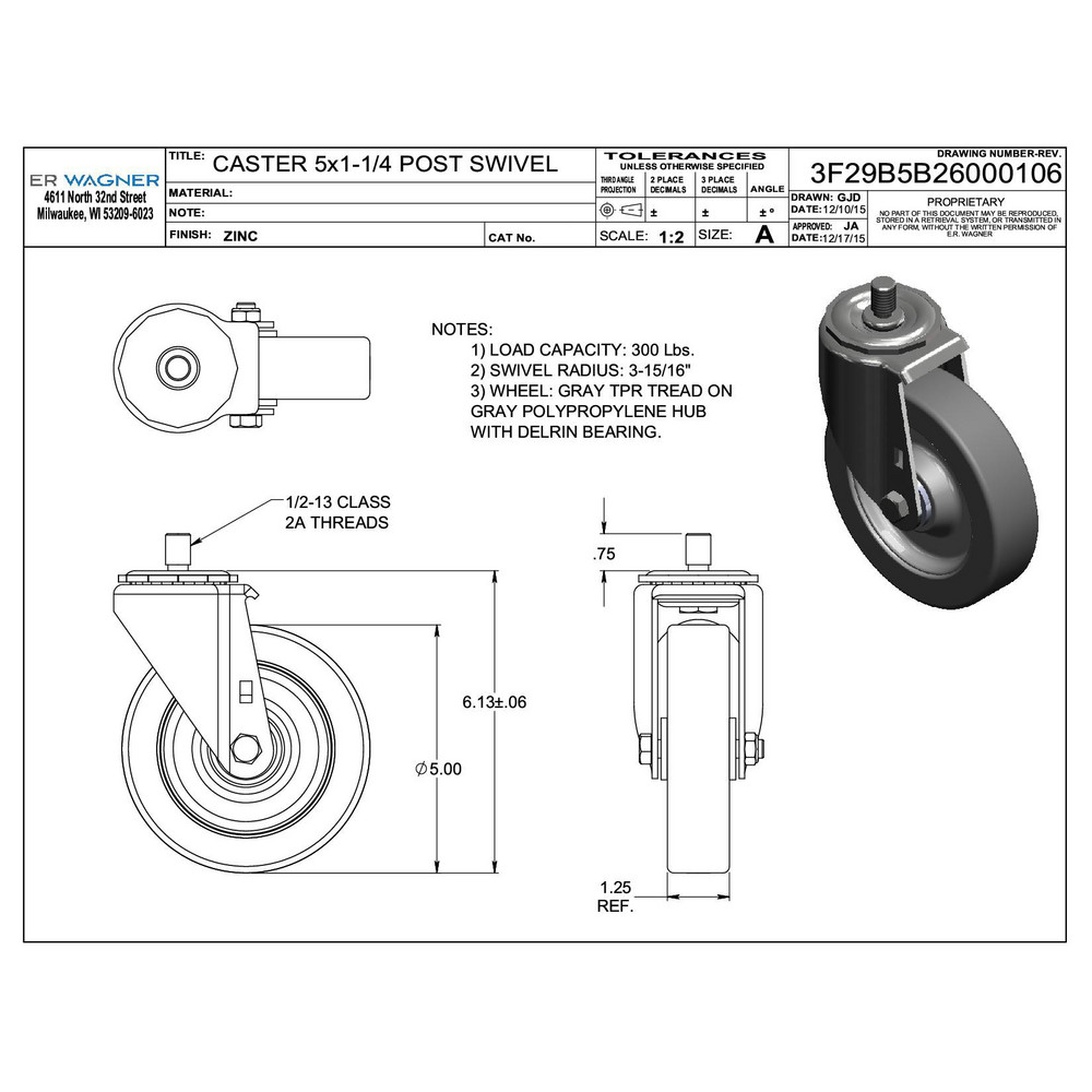 E.R. Wagner - 5" Dia x 1-1/4" Wide x 6-1/4" OAH Stem Mount Swivel ...