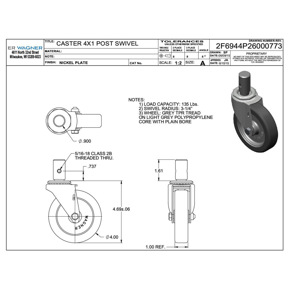 E.R. Wagner - 4" Diam x 1" Wide x 4-11/16" OAH Stem Mount Swivel Caster ...