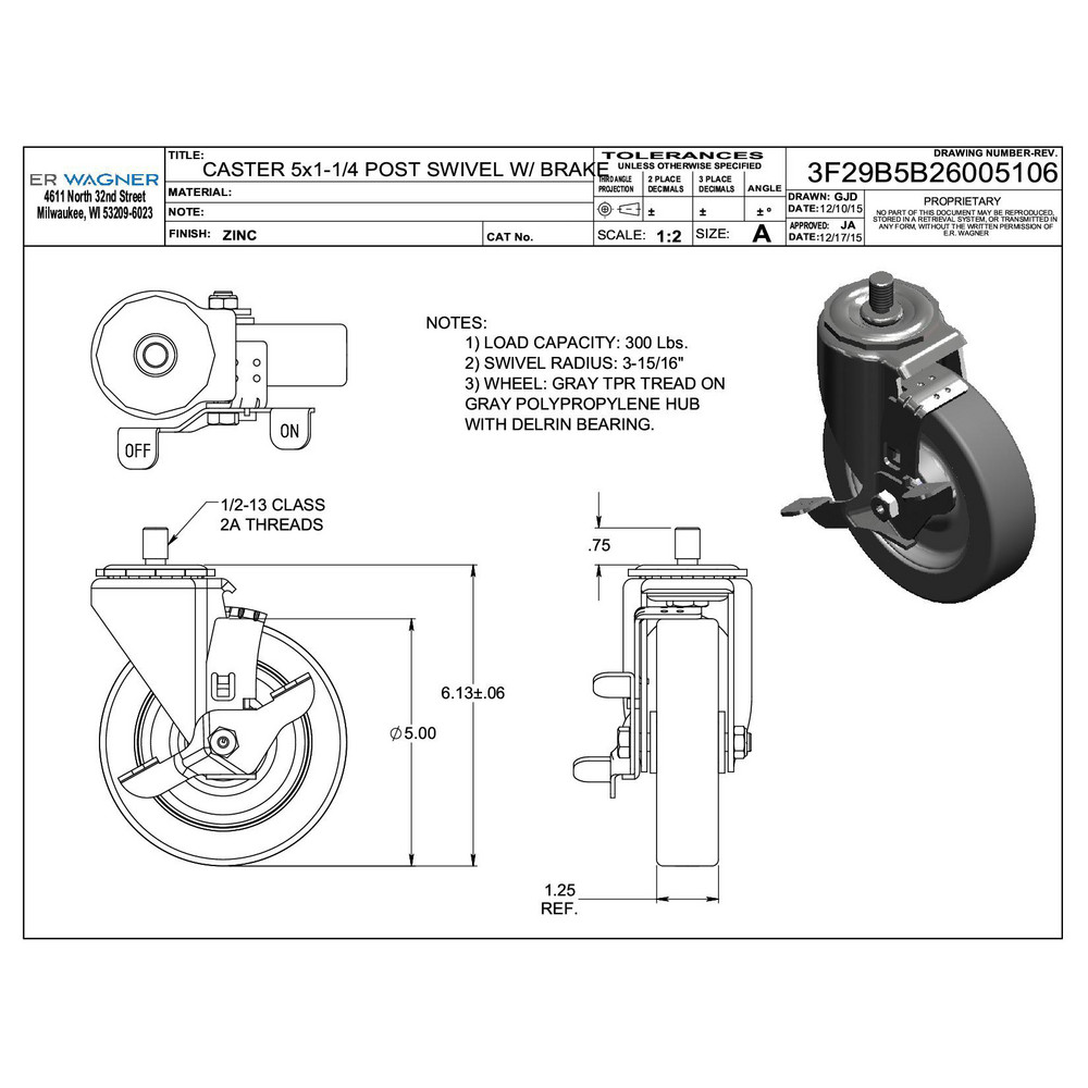 E.R. Wagner - 5" Dia x 1-1/4" Wide x 6-1/4" OAH Stem Mount Swivel ...