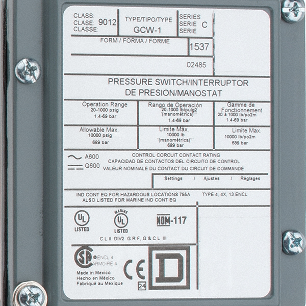 Square D - 4, 13 and 4X NEMA Rated, SPDT-DB, 20 to 1,000 psig ...