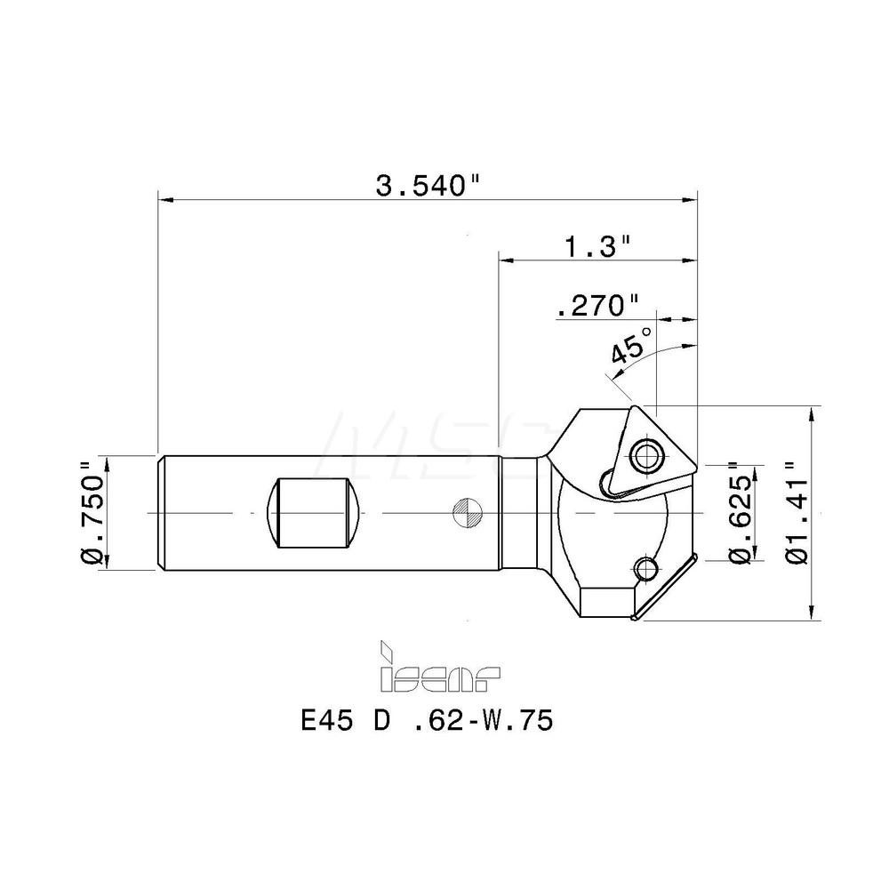 Iscar - 45° Lead Angle, 5/8" to 1.41" Cut Dia, 3/4" Shank Dia ...