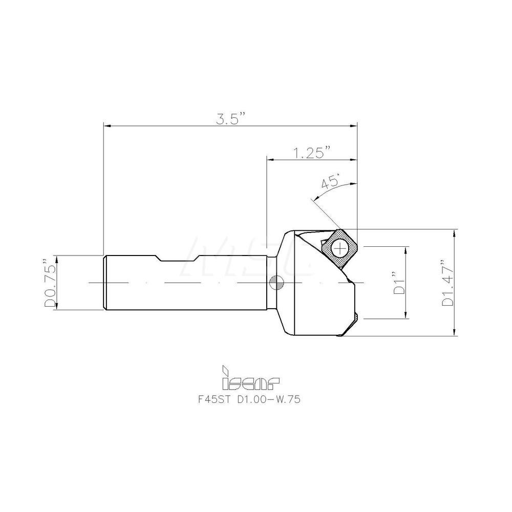 Iscar - 45° Lead Angle, 1" to 1.47" Cut Dia, 3/4" Shank Dia, Indexable ...