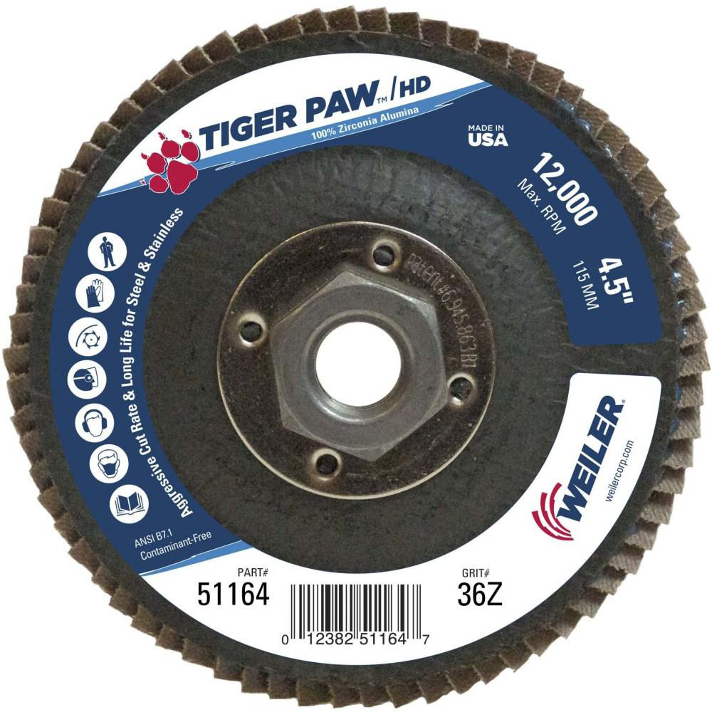 Weiler - Flap Disc: 4-1/2" Dia, 36 Grit, Zirconia Alumina, Type 27 ...