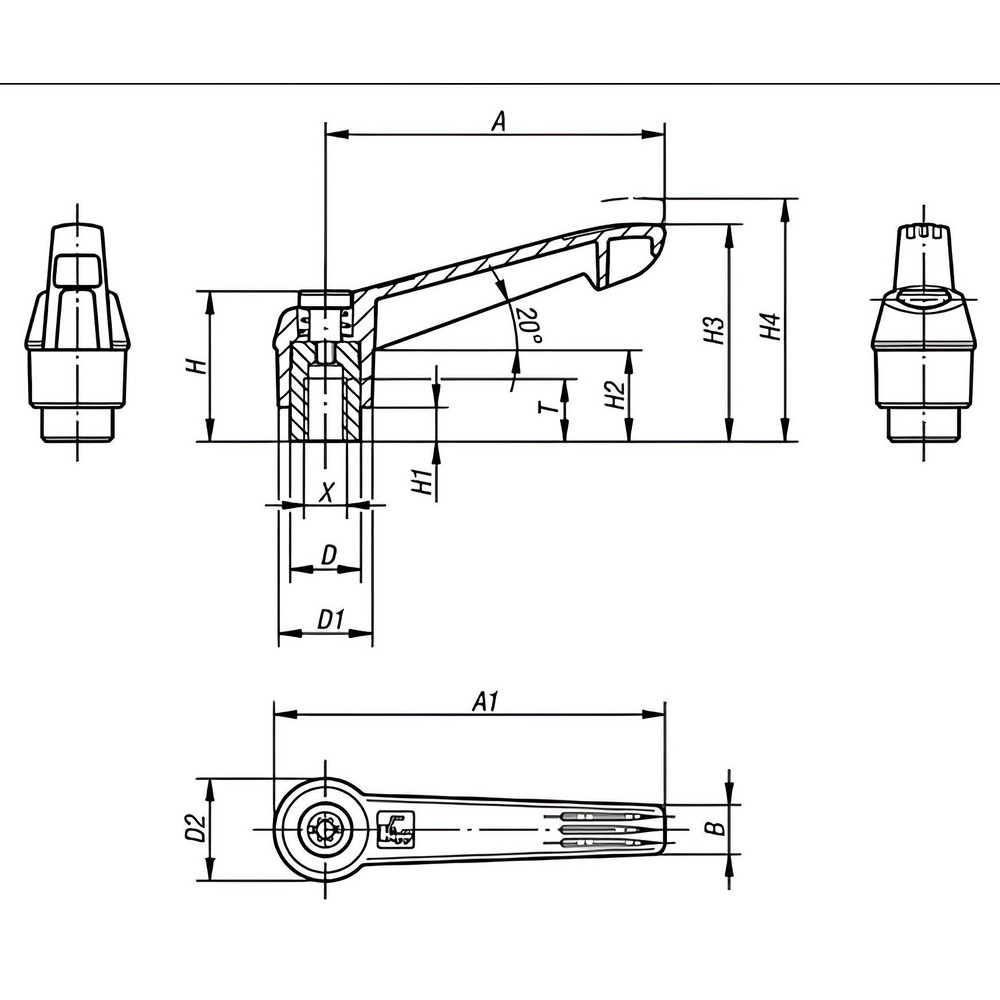KIPP - Adjustable Clamping Handle: Adjustable, 1/2-13 Thread ...