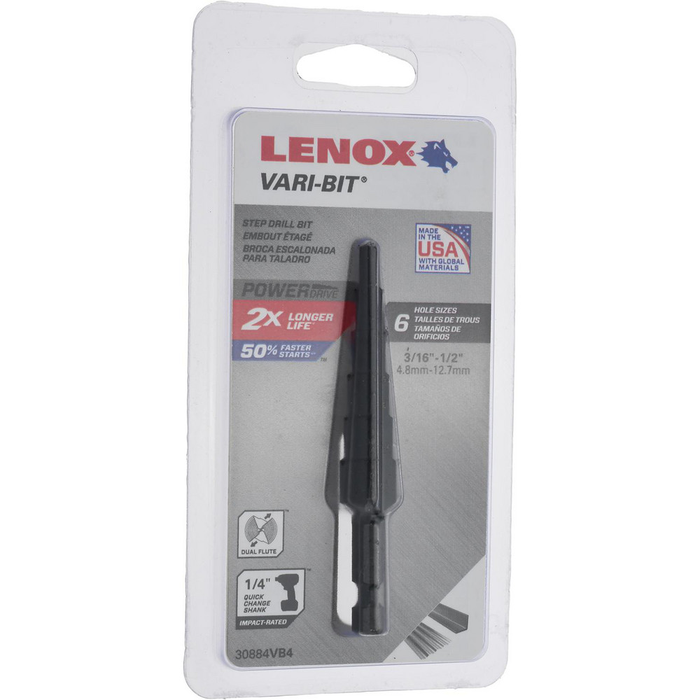 Lenox - Step Drill Bit: 3/16" Min, 1/2" Max, 1/4" Shank Dia, High-Speed ...