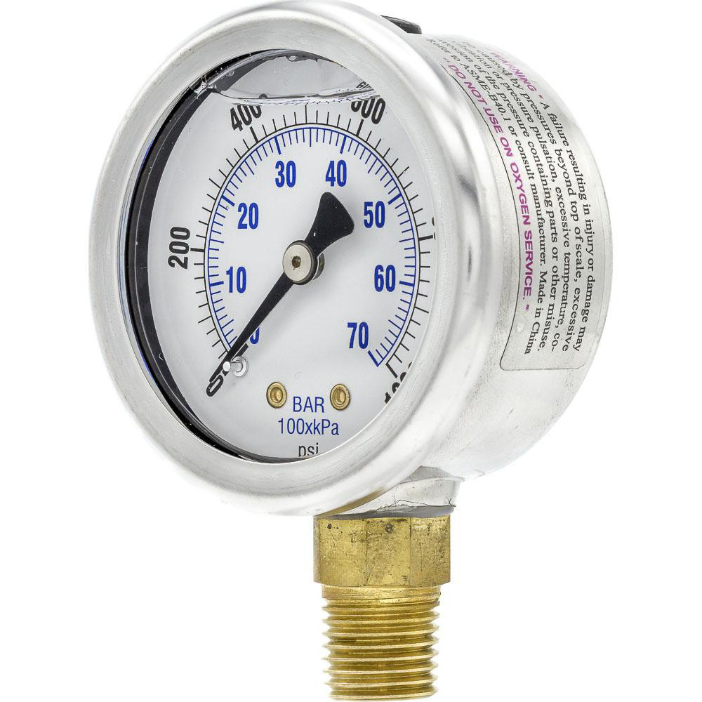 PIC Gauges - Pressure Gauge: 2" Dial Dia, 0 to 1,000 psi, 1/4" MNPT, Lower Mount | MSC Direct