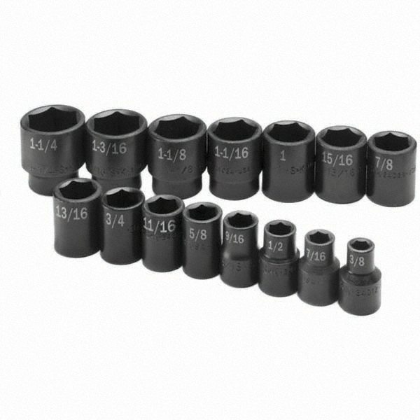 SK - Socket Set: Standard & Impact, 15 Pc, 1/2" Drive, 3/8" Min, 1-1/4 ...