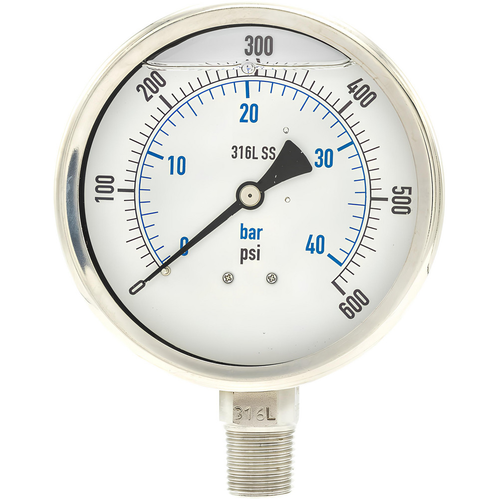 PIC Gauges - Pressure Gauge: 4" Dial Dia, 0 to 600 psi, 1/2" NPT, Lower ...
