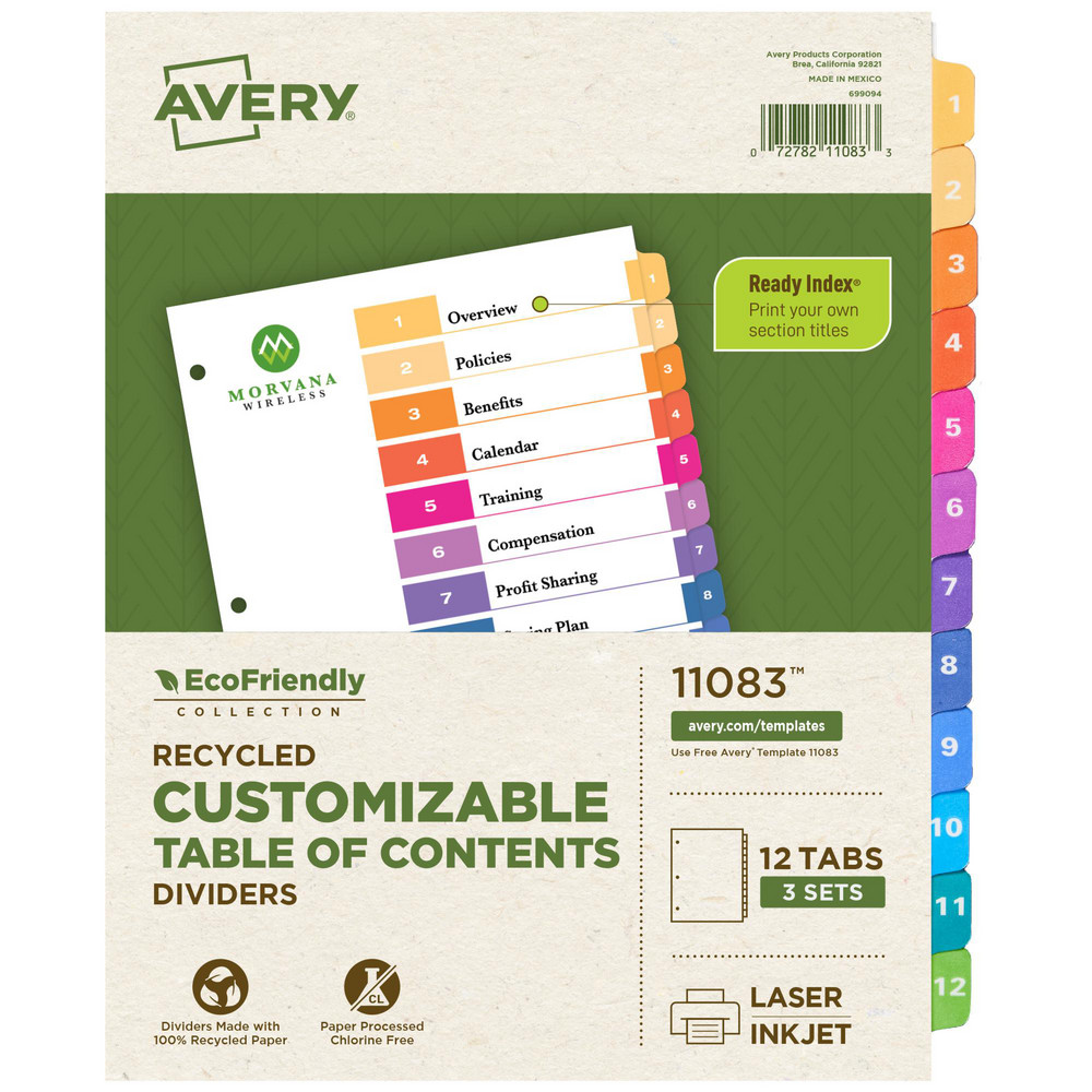 AVERY - 11 x 8 1/2" 1 to 12" Label, 12 Tabs, 3-Hole Punched, Preprinted ...