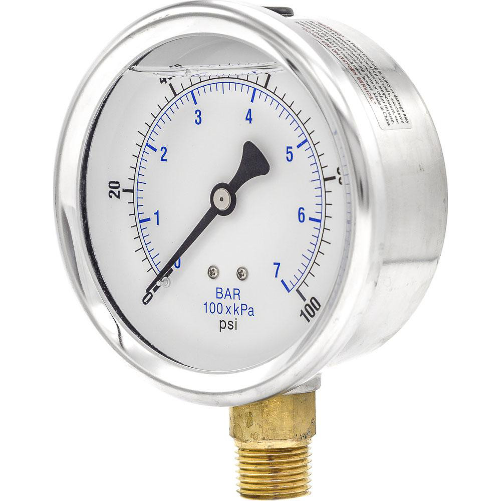 PIC Gauges - Pressure Gauge: 4" Dial Dia, 0 to 100 psi, 1/2" NPT, Lower Mount | MSC Direct