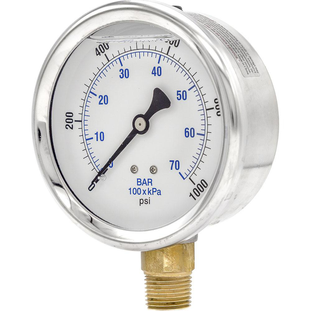 PIC Gauges - Pressure Gauge: 4" Dial Dia, 0 to 1,000 psi, 1/2" NPT, Lower Mount | MSC Direct