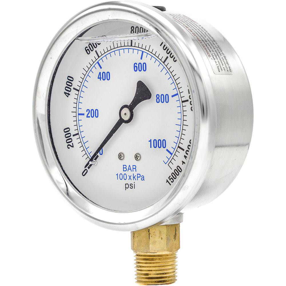 PIC Gauges - Pressure Gauge: 4" Dial Dia, 0 to 15,000 psi, 1/2" NPT, Lower Mount | MSC Direct