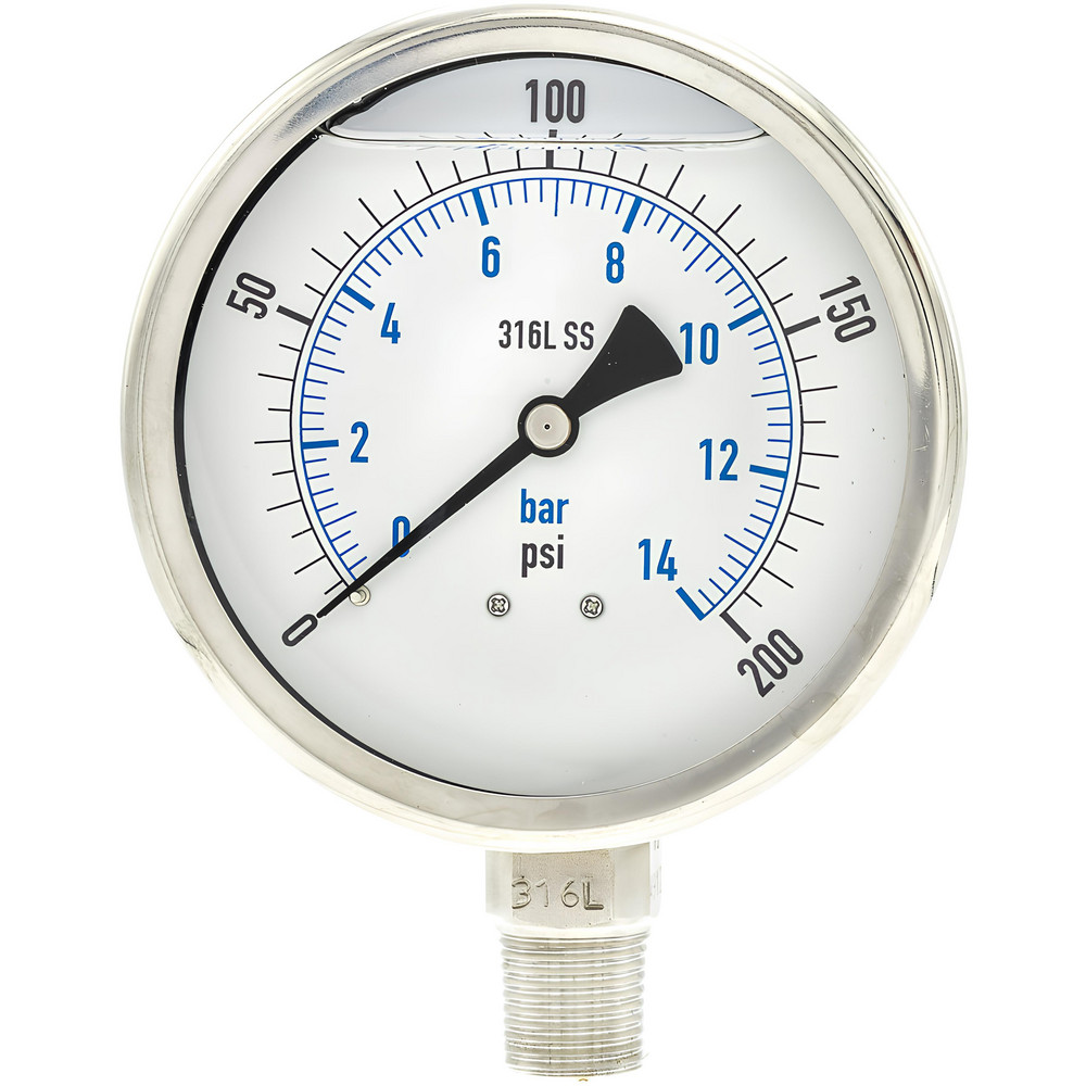 PIC Gauges - Pressure Gauge: 4" Dial Dia, 0 to 200 psi, 1/2" NPT, Lower Mount | MSC Direct