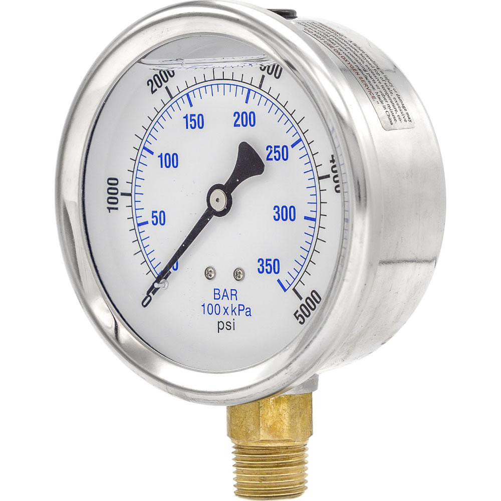 PIC Gauges - Pressure Gauge: 4" Dial Dia, 0 to 5,000 psi, 1/2" NPT, Lower Mount | MSC Direct