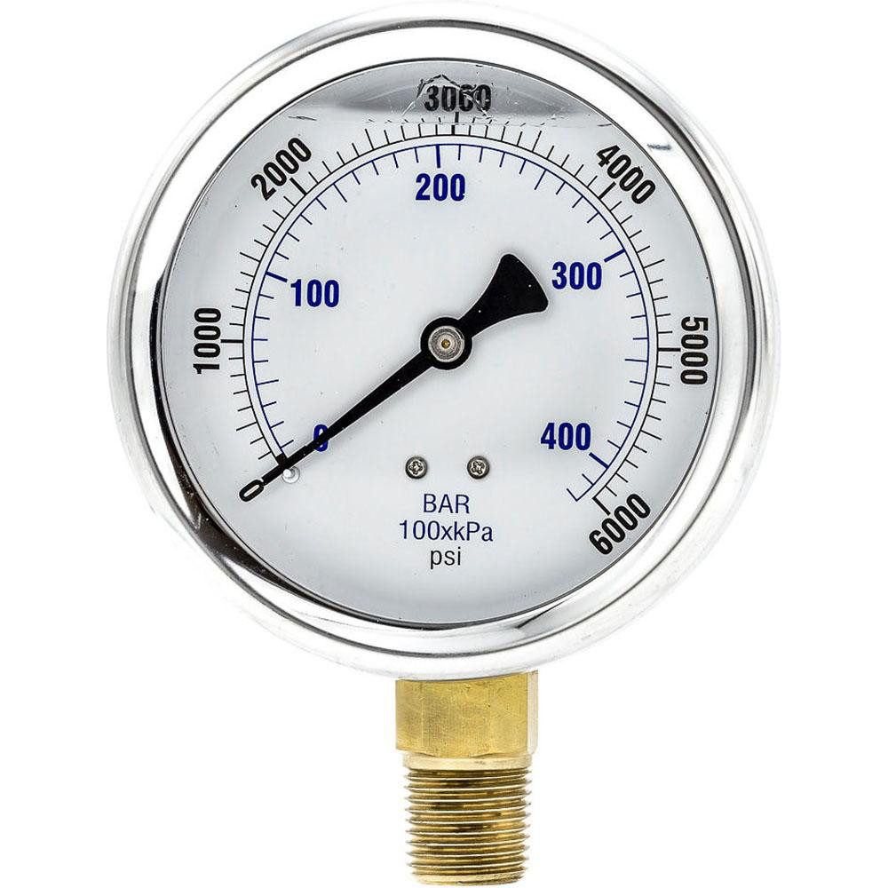 PIC Gauges - Pressure Gauge: 4" Dial Dia, 0 to 6,000 psi, 1/2" NPT, Lower Mount | MSC Direct