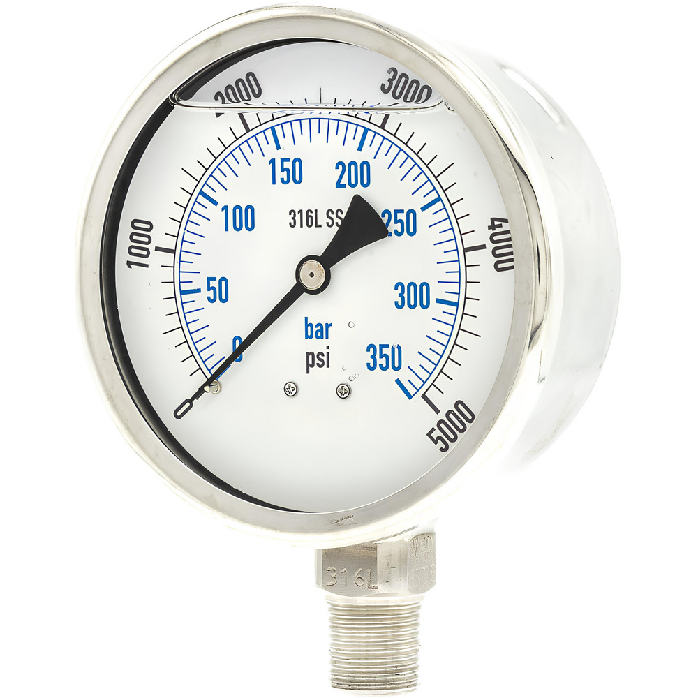 PIC Gauges - Pressure Gauge: 4" Dial Dia, 0 to 5,000 psi, 1/2" NPT, Lower Mount | MSC Direct