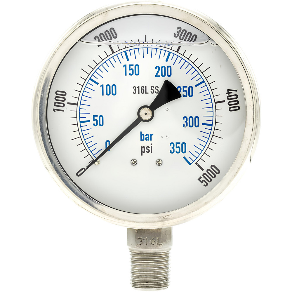 PIC Gauges - Pressure Gauge: 4" Dial Dia, 0 to 5,000 psi, 1/2" NPT ...