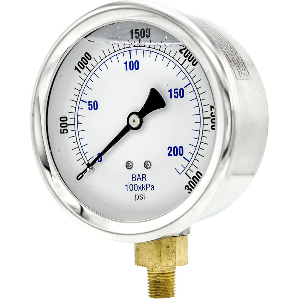 PIC Gauges - Pressure Gauge: 4" Dial Dia, 0 to 3,000 psi, 1/4" MNPT, Lower Mount | MSC Direct