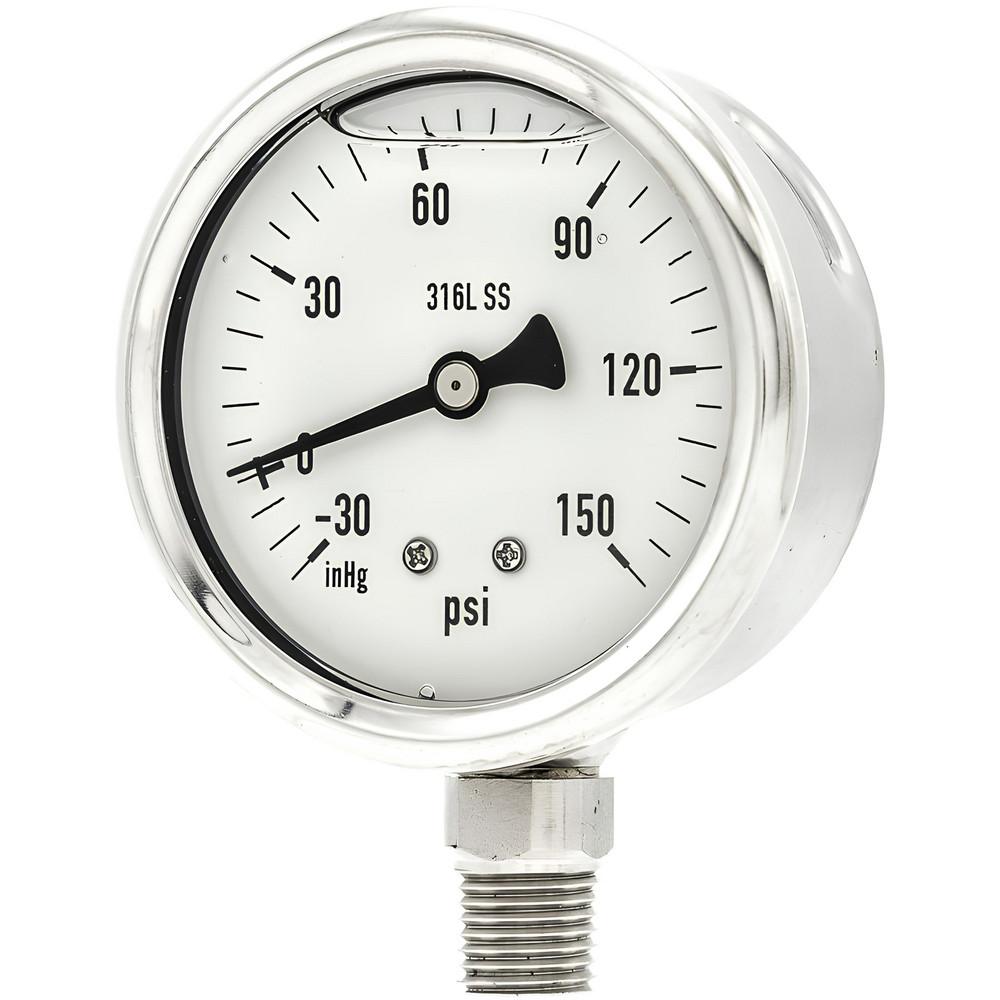 PIC Gauges - Pressure Gauge: 2-1/2" Dial Dia, -30 to 150 psi, 1/4" MNPT ...