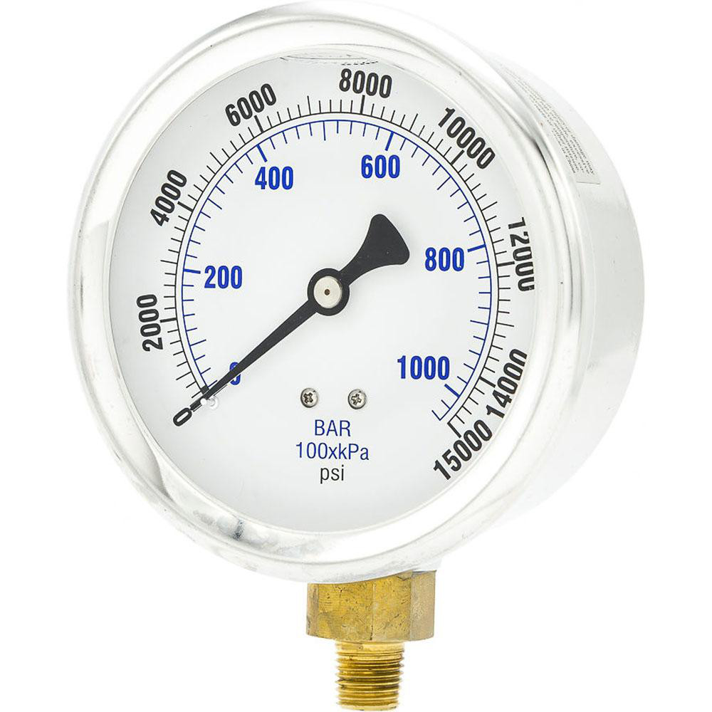 PIC Gauges - Pressure Gauge: 4" Dial Dia, 0 to 15,000 psi, 1/4" MNPT, Lower Mount | MSC Direct