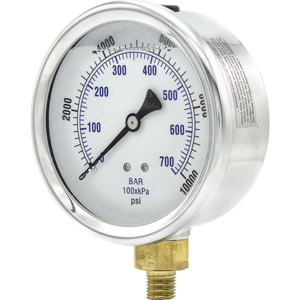 PIC Gauges - Pressure Gauge: 4" Dial Dia, 0 to 10,000 psi, 1/4" MNPT, Lower Mount | MSC Direct
