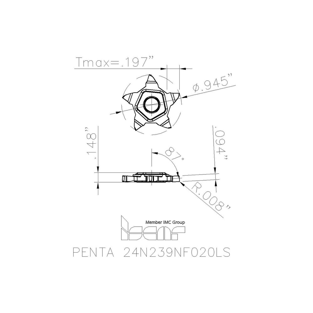 Iscar - Cut-Off Insert: PENTA 24N239-020LS 908 IC908, Carbide, 2.39 mm (0.0941") Cutting Width ...