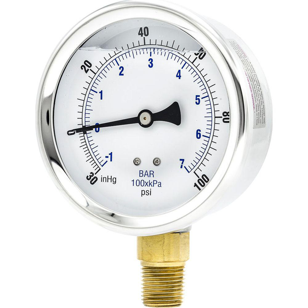 PIC Gauges - Pressure Gauge: 4" Dial Dia, -30 to 100 psi, 1/2" NPT, Lower Mount | MSC Direct