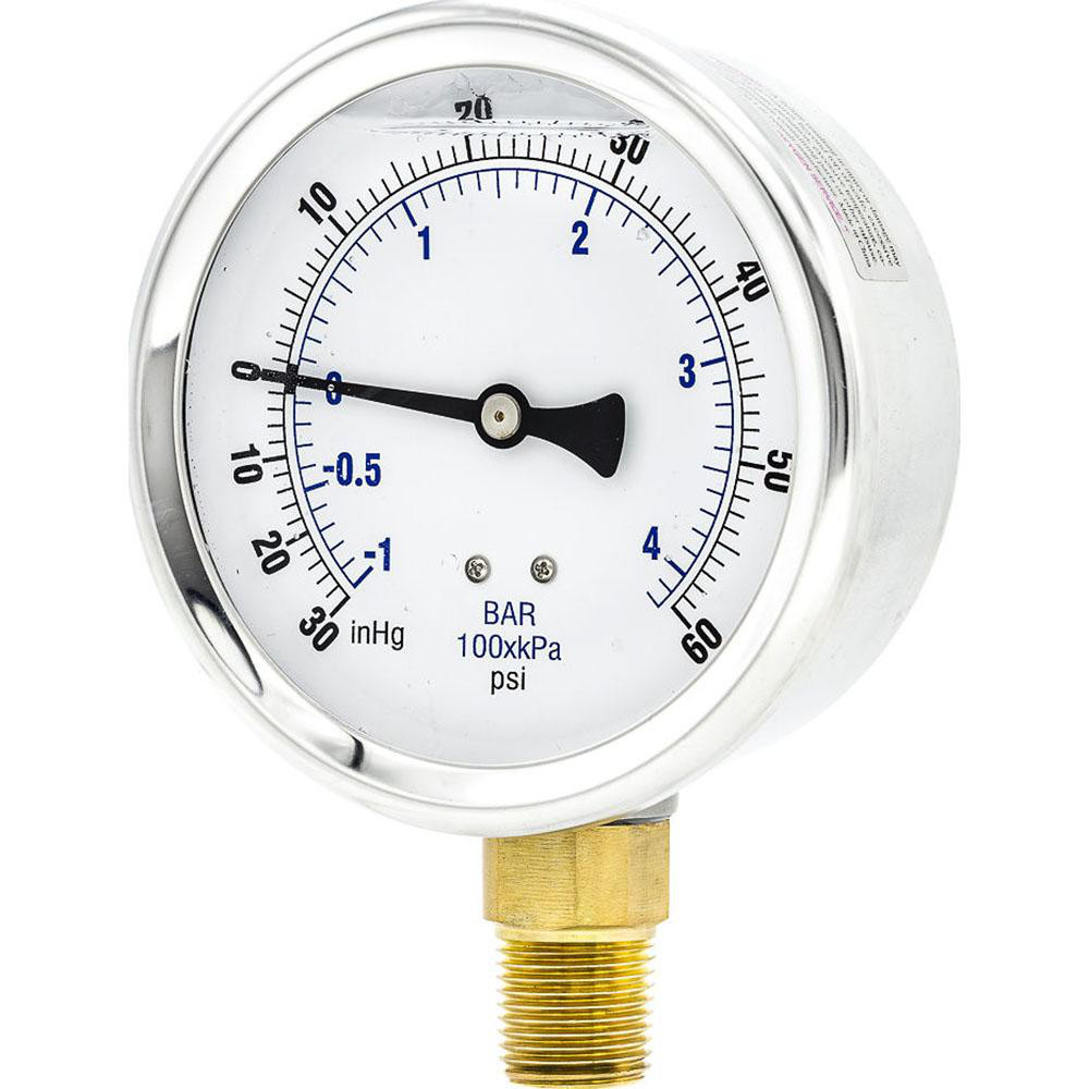 PIC Gauges - Pressure Gauge: 4" Dial Dia, -30 to 60 psi, 1/2" NPT, Lower Mount | MSC Direct