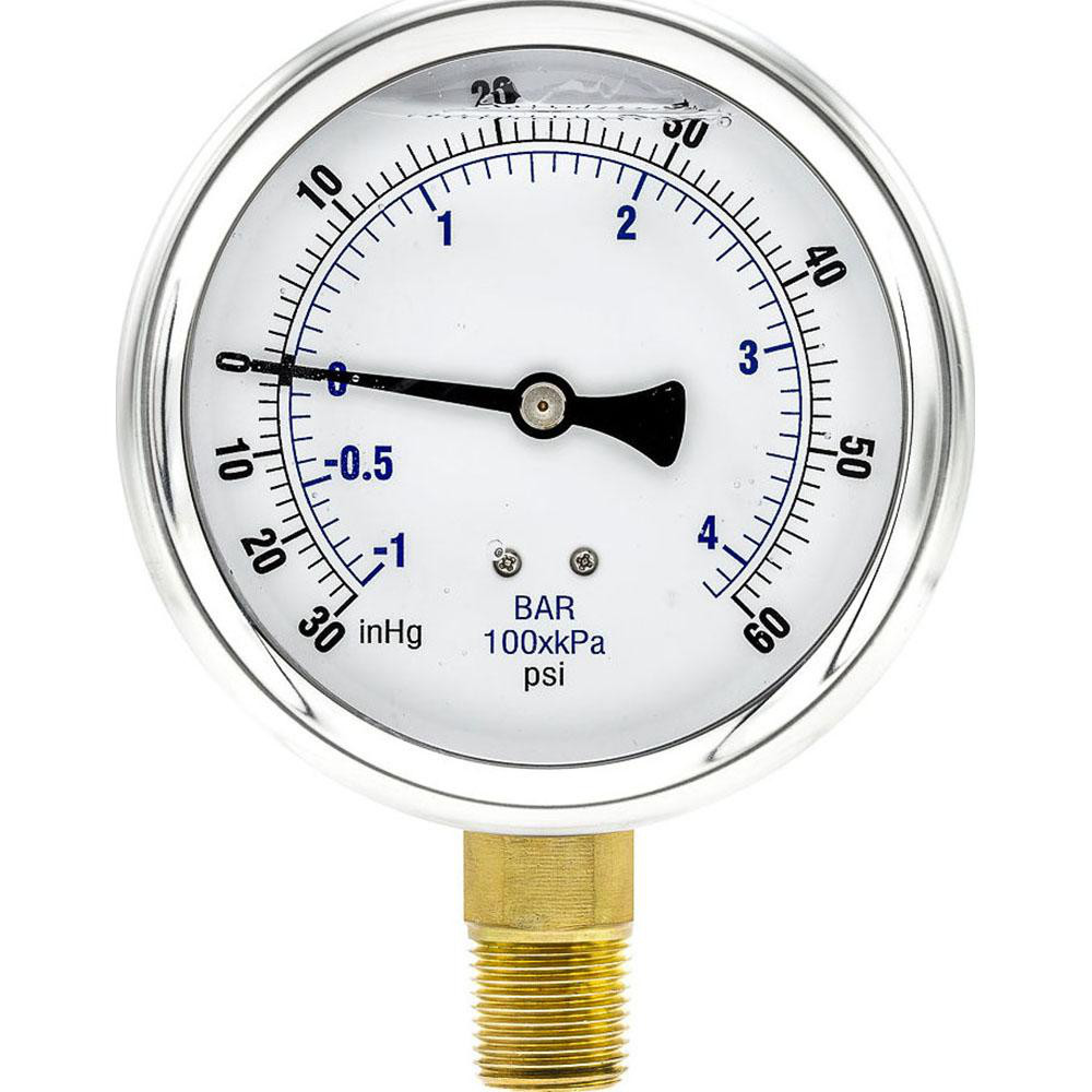 PIC Gauges - Pressure Gauge: 4" Dial Dia, -30 to 60 psi, 1/2" NPT ...