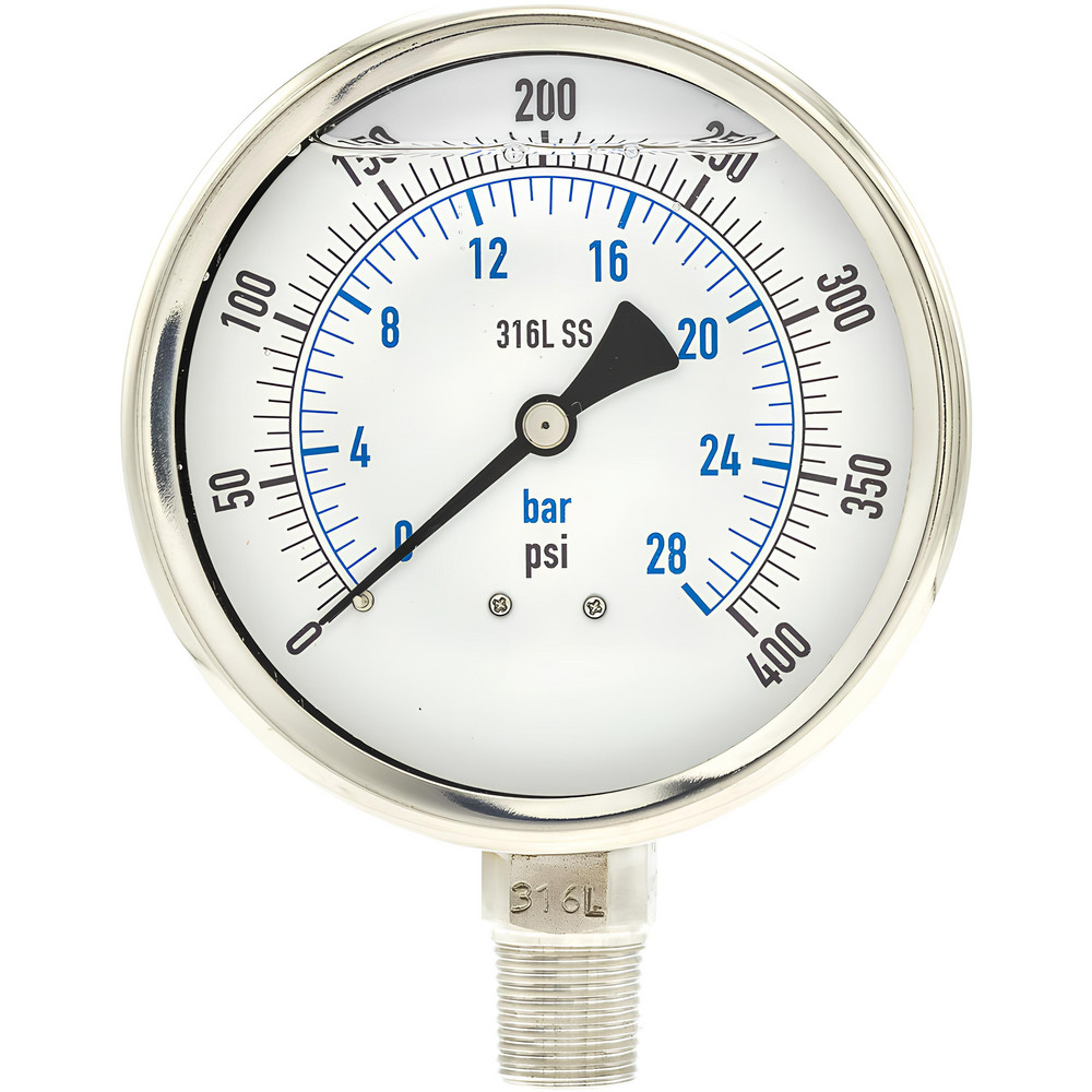 PIC Gauges - Pressure Gauge: 4" Dial Dia, 0 to 400 psi, 1/2" NPT, Lower Mount | MSC Direct