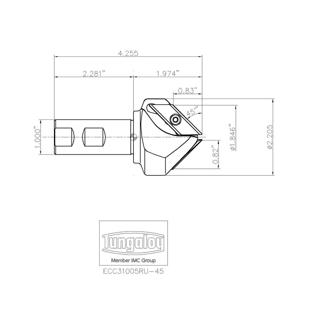 Tungaloy - 45° Lead Angle, 1.846" to 2.205" Cut Dia, Indexable ...