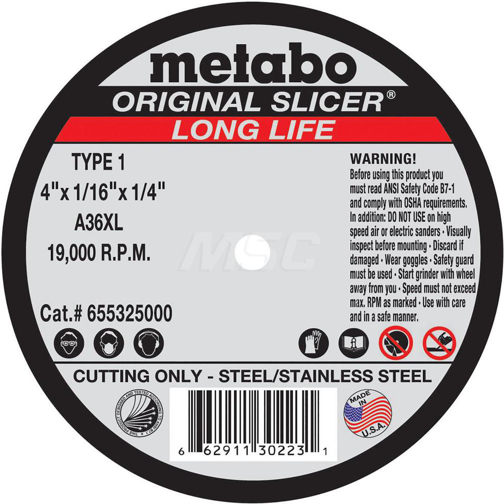 Metabo - Cutoff Wheel: Type 1 (01/41), 4" Dia, 1/16" Thick, 1/4" Hole ...