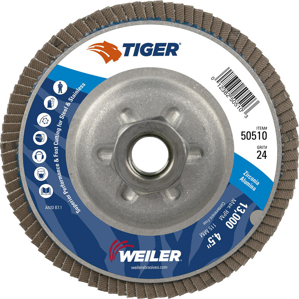 Weiler - Flap Disc: 4-1/2" Dia, 24 Grit, Zirconia Alumina, Type 29 ...