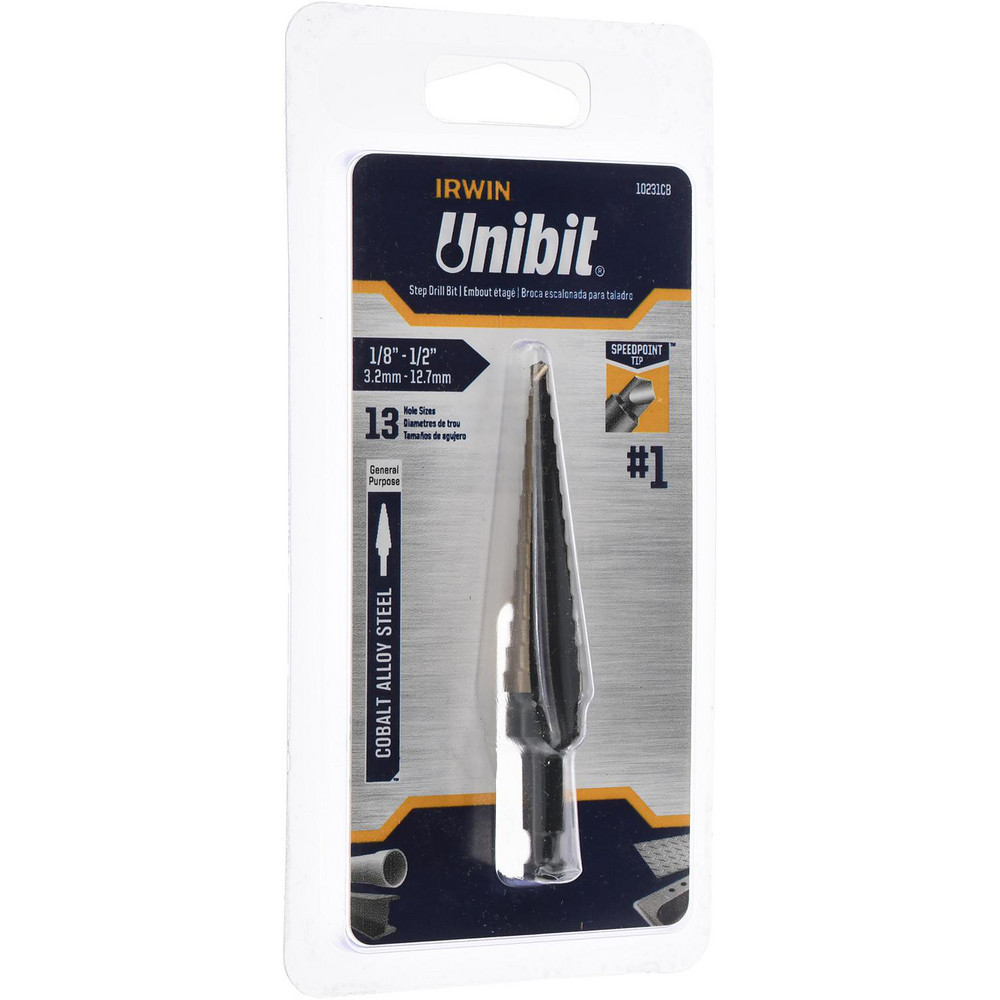 Irwin - Step Drill Bit: 1/8" Min, 1/2" Max, 1/4" Shank Dia, Cobalt, 13 ...