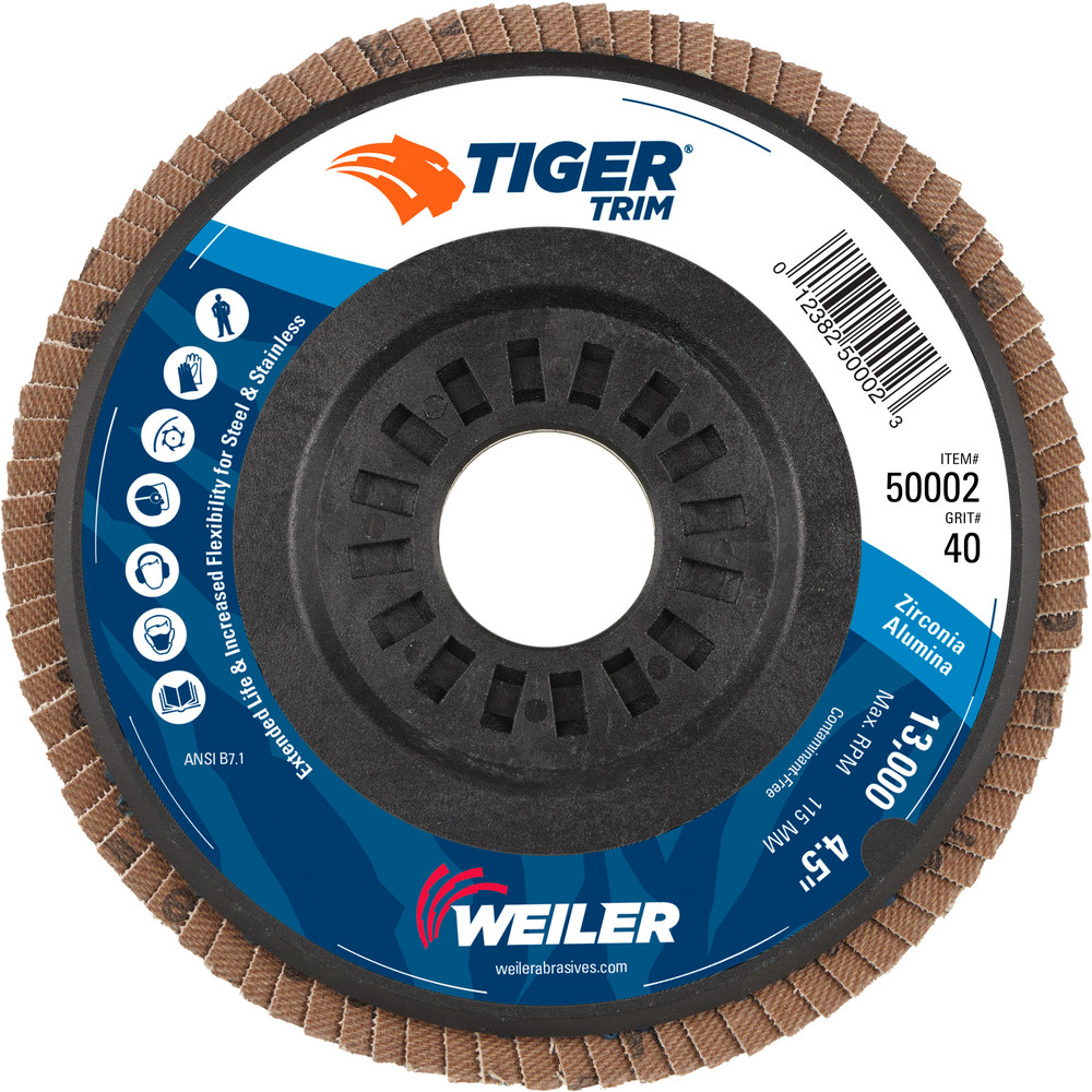 Weiler - Flap Disc: 4-1/2" Dia, 7/8" Hole, 40 Grit, Zirconia Alumina ...