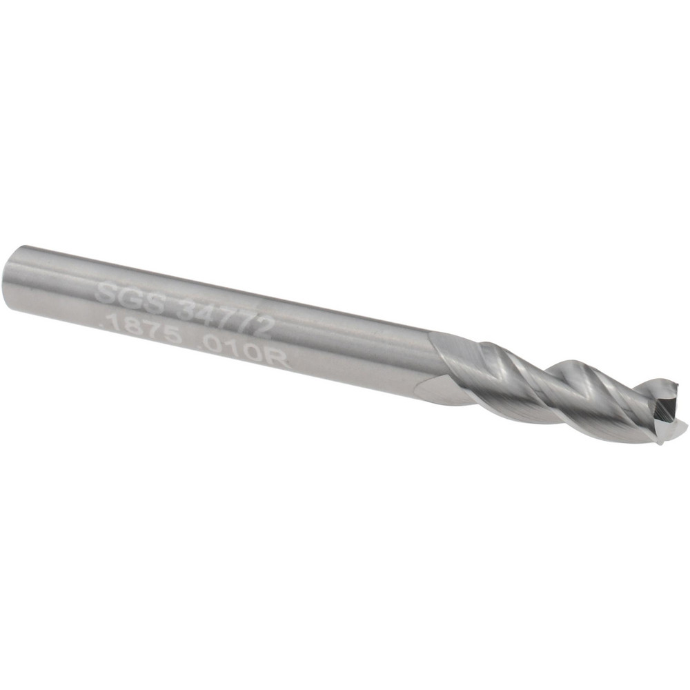 SGS - Corner Radius End Mill: 3/16" Dia, 9/16" LOC, 0.0100" Radius, 3 ...