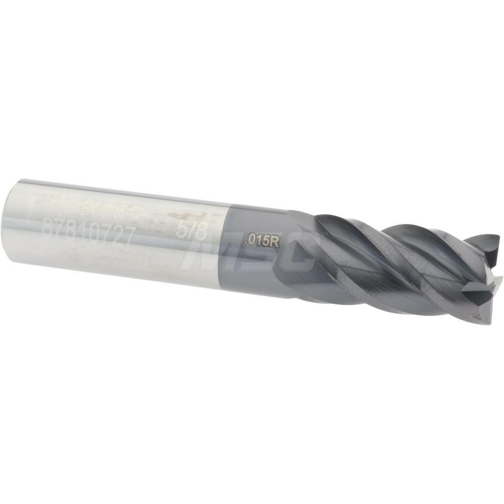 Accupro - Corner Radius End Mill: 5/8" Dia, 1-1/4" LOC, 0.0150" Radius, 4 Flute, Solid Carbide ...
