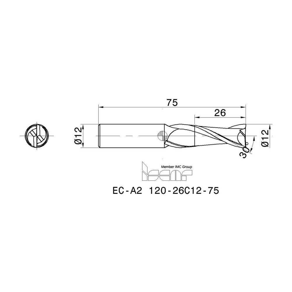 Iscar - Square End Mill: 12.00 mm Dia, 26.00 mm LOC, 2 Flute, Solid ...