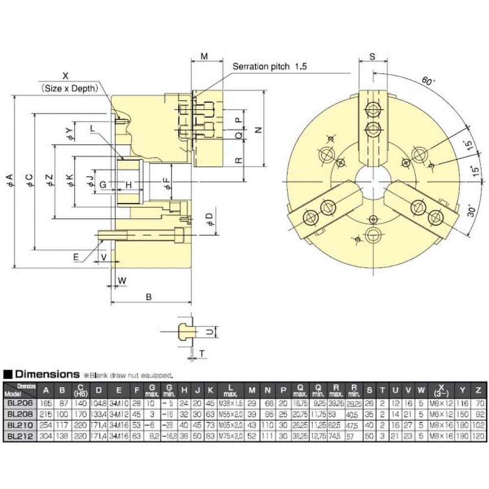 Kitagawa - Power Lathe Chuck: 8" Dia, 3 Jaws, Plain Back Mount | MSC Direct