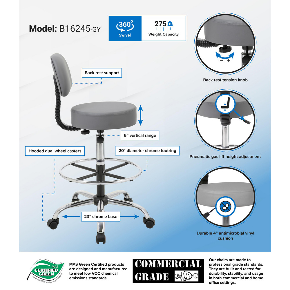 Boss Office Products - Adjustable Drafting Stool with Back and ...