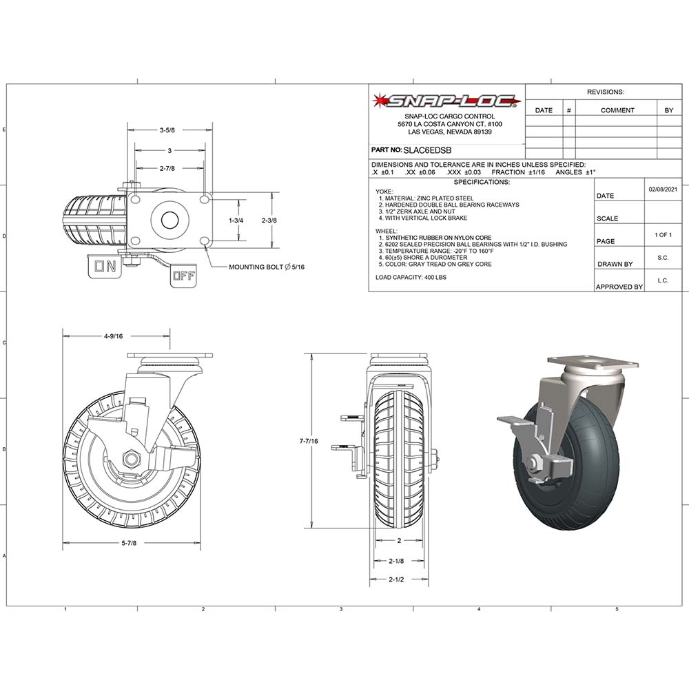 Snap-Loc - Specialty Casters; Type: Caster ; Style: Swivel w/Brake ...
